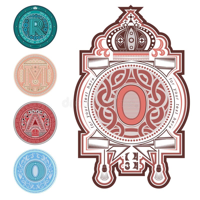 Set of Calligraphic Capital Letters with Abstract Pattrn into Round ...