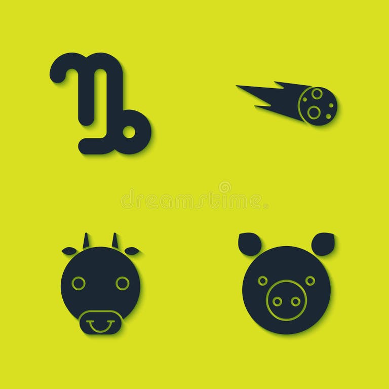 Set Capricorn Zodiac, Pig, Ox and Comet Falling Down Fast Icon. Vector ...