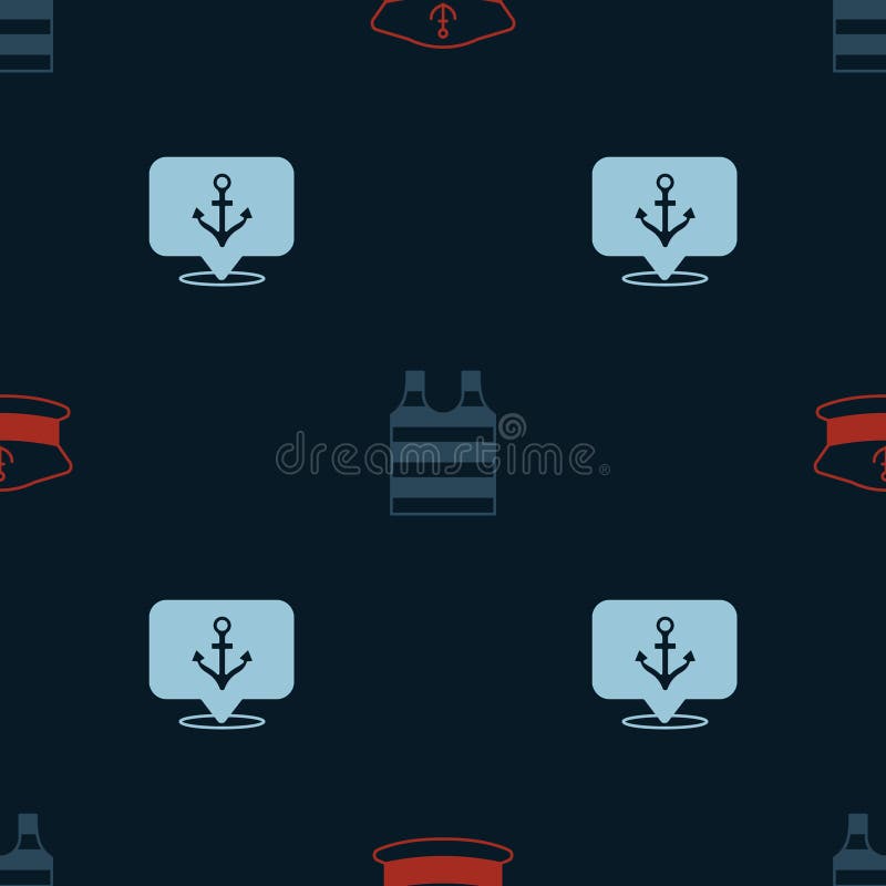 Set Captain Hat, Striped Sailor T-shirt and Anchor on Seamless Pattern ...