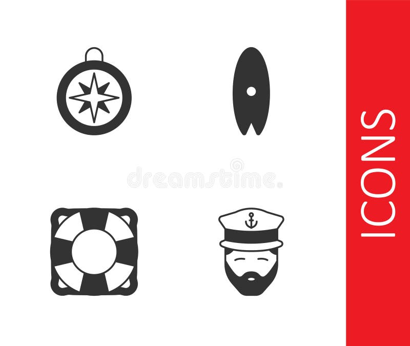Set Captain of Ship, Compass, Lifebuoy and Surfboard Icon. Vector Stock ...