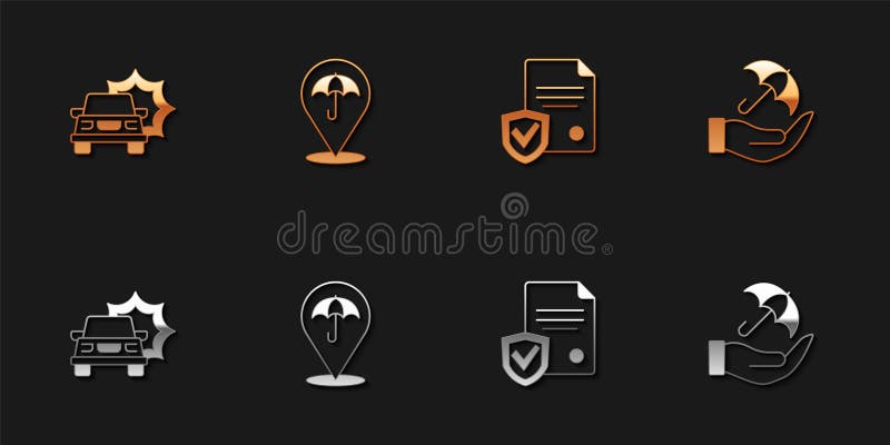 Set Car Accident, Umbrella, Contract with Shield and in Hand Icon ...