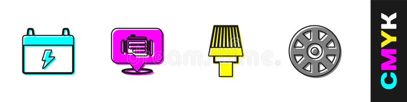 Set Car Battery, Check Engine, Air Filter and Alloy Wheel for Car Icon ...