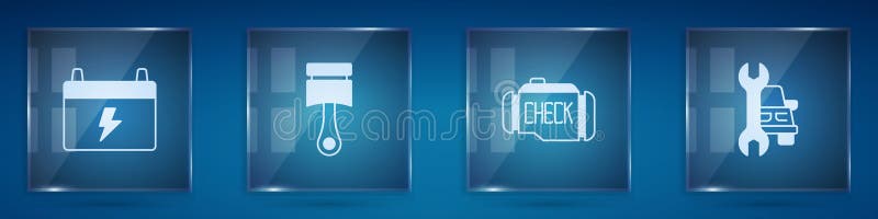 Set Car Battery, Engine Piston, Check Engine and Service. Square Glass ...