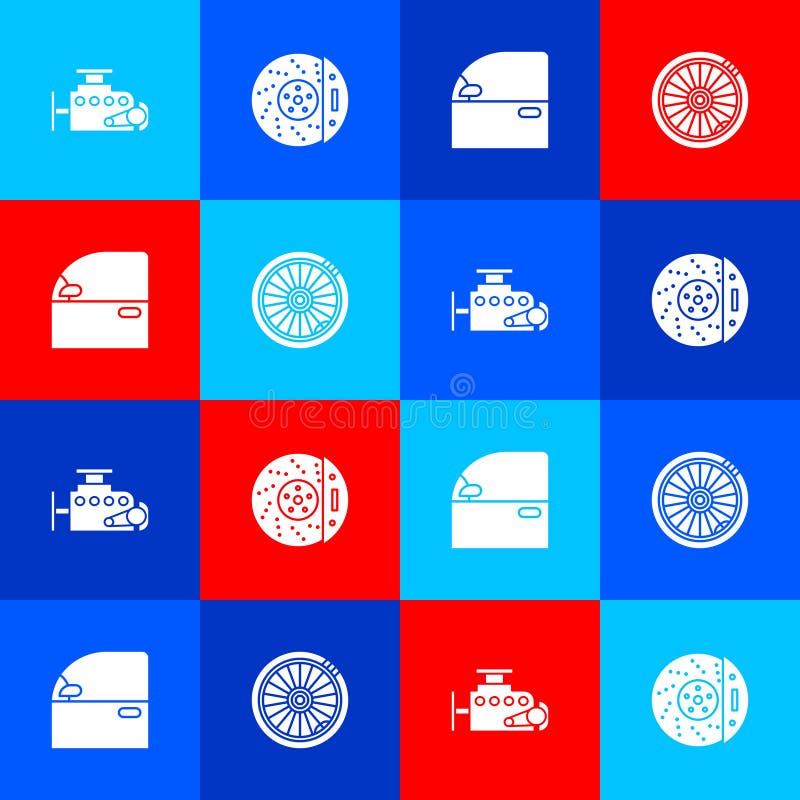 Set Car Engine, Brake Disk with Caliper, Door and Wheel Icon. Vector ...