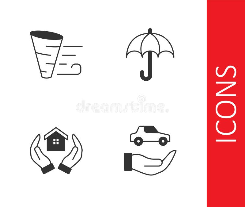 Set Car Insurance, Tornado, House Hand and Umbrella Icon. Vector Stock ...