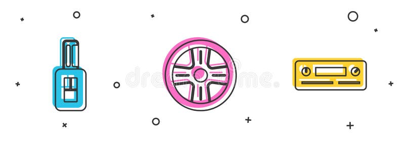 Set Car Key with Remote, Alloy Wheel and Audio Icon. Vector Stock ... Set Car Key with Remote, Alloy Wheel and Audio Icon. Vector Stock ...