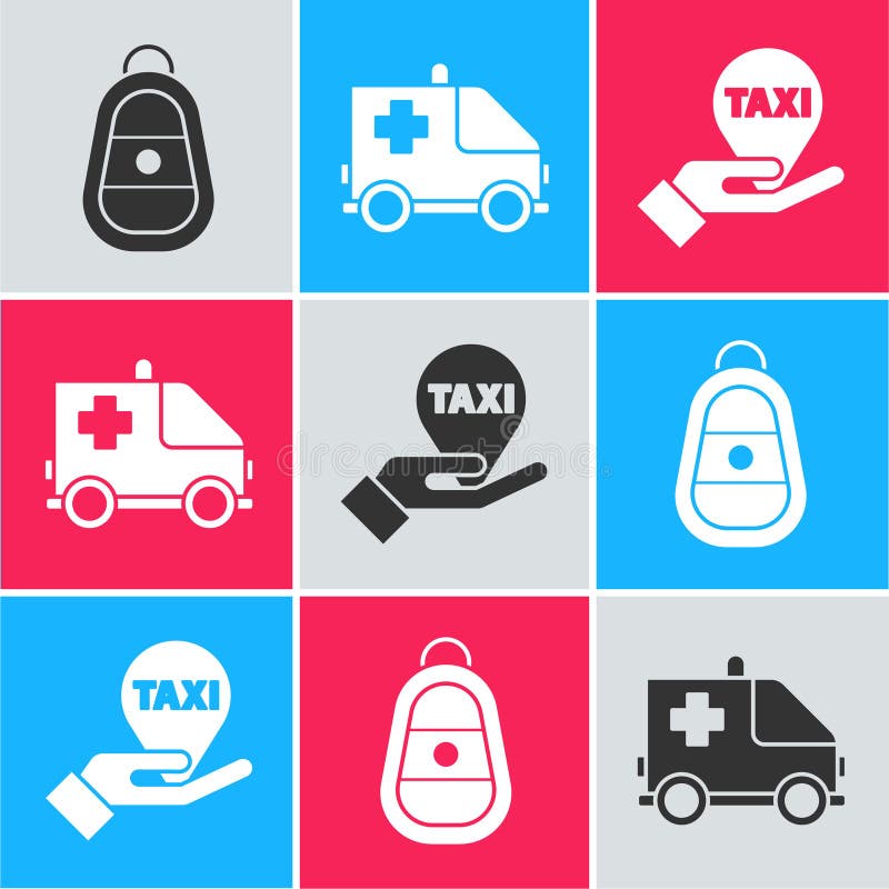 Set Car Key with Remote, Ambulance and Emergency Car and Hand on Map ...