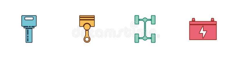 Set Car Key with Remote, Engine Piston, Chassis Car and Battery Icon ... Set Car Key with Remote, Engine Piston, Chassis Car and Battery Icon ...