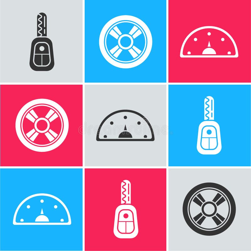 Set Car Key with Remote, Car Wheel and Speedometer Icon. Vector Stock ...
