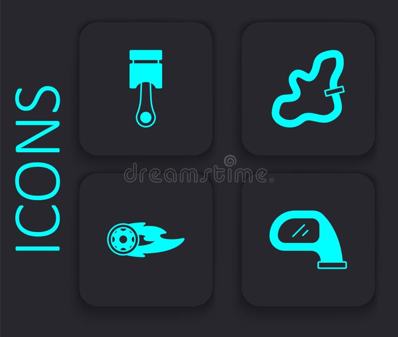 Set Car Mirror, Engine Piston, Racing Track and Wheel Fire Flame Icon ...