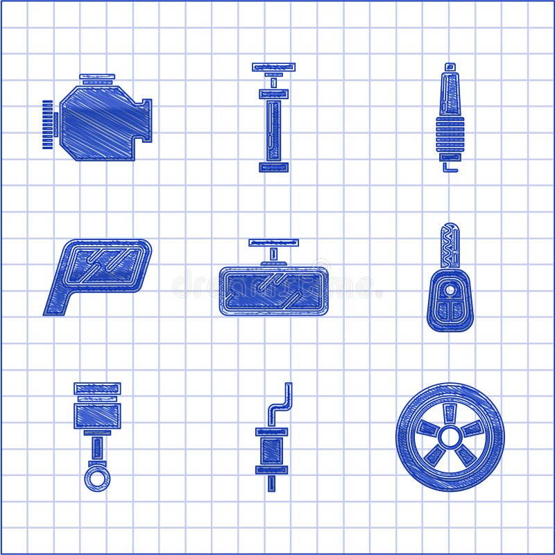 Set Car Mirror, Muffler, Wheel, Key with Remote, Engine Piston, Spark ... Set Car Mirror, Muffler, Wheel, Key with Remote, Engine Piston, Spark ...