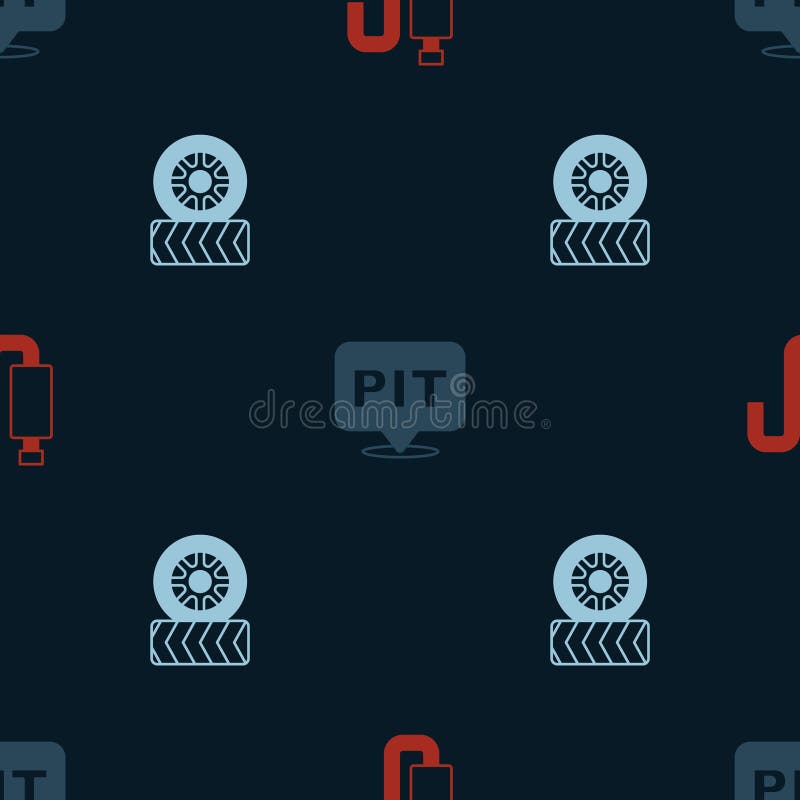 Set Car Muffler, Pit Stop and Tire Wheel on Seamless Pattern. Vector ...