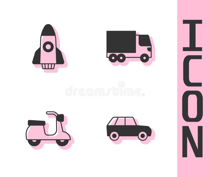 Set Car, Rocket Ship, Scooter and Delivery Cargo Truck Icon. Vector ...