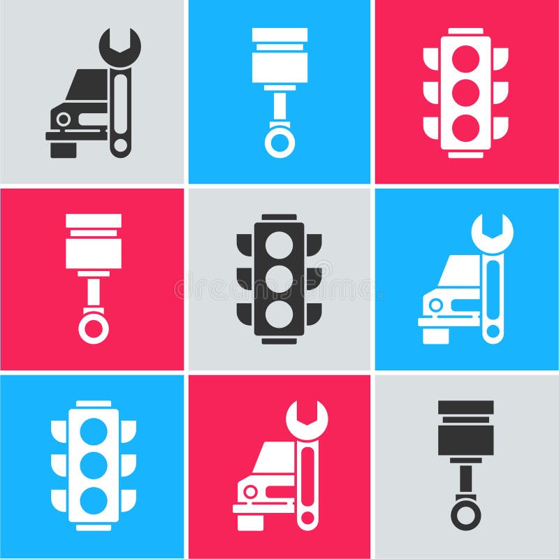 Set Car Service, Engine Piston and Traffic Light Icon. Vector Stock ...