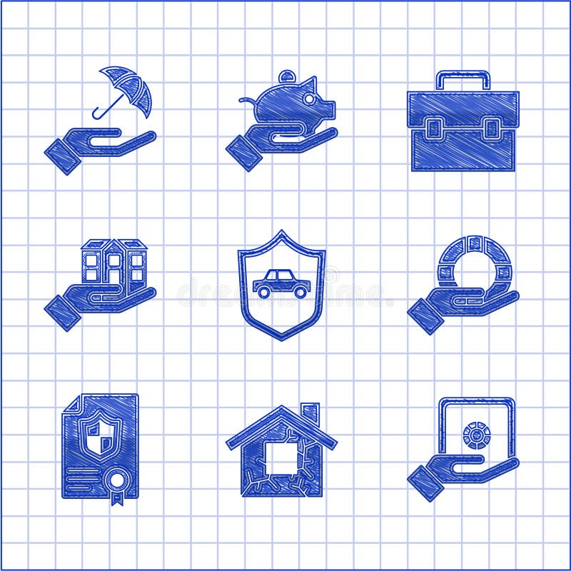 Set Car with Shield, House, Safe in Hand, Lifebuoy, Contract, Briefcase ... Set Car with Shield, House, Safe in Hand, Lifebuoy, Contract, Briefcase ...