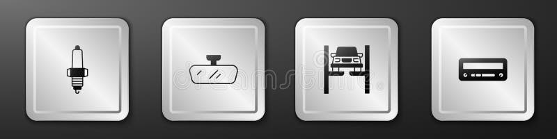 Set Car Spark Plug, Mirror, Repair Car on Lift and Audio Icon. Silver Square Button. Vector ...