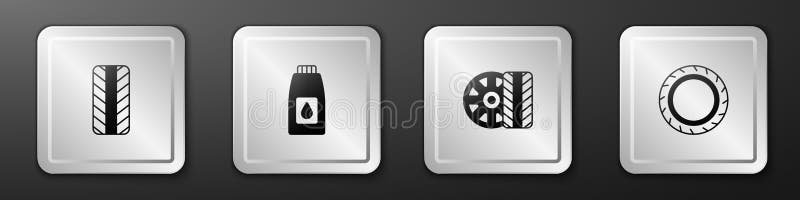 Set Car Tire Wheel, Canister for Motor Machine Oil, and Icon. Silver ...