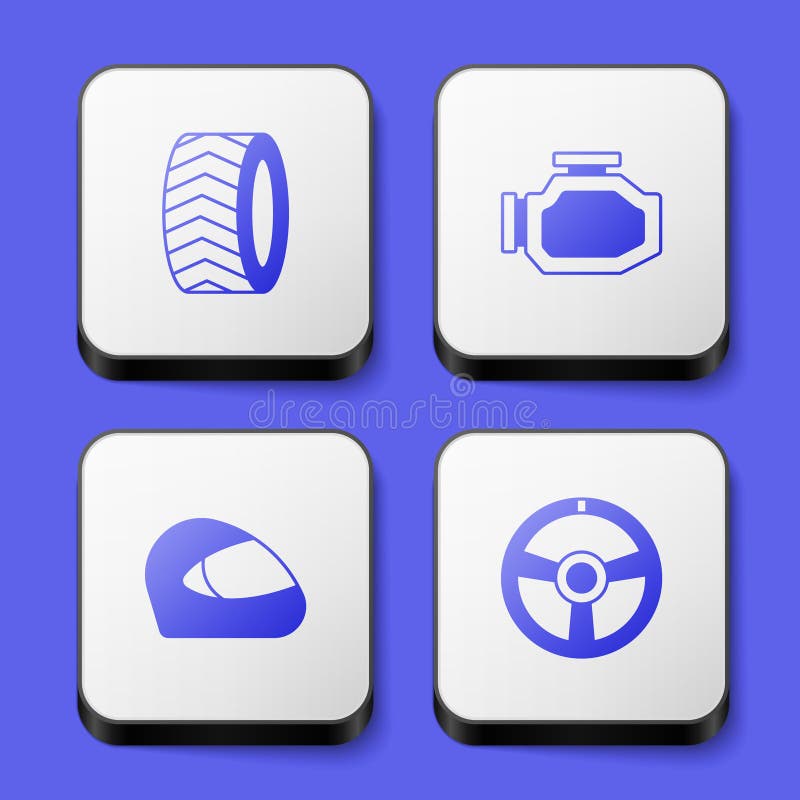 Set Car Tire Wheel, Check Engine, Racing Helmet and Steering Icon ...