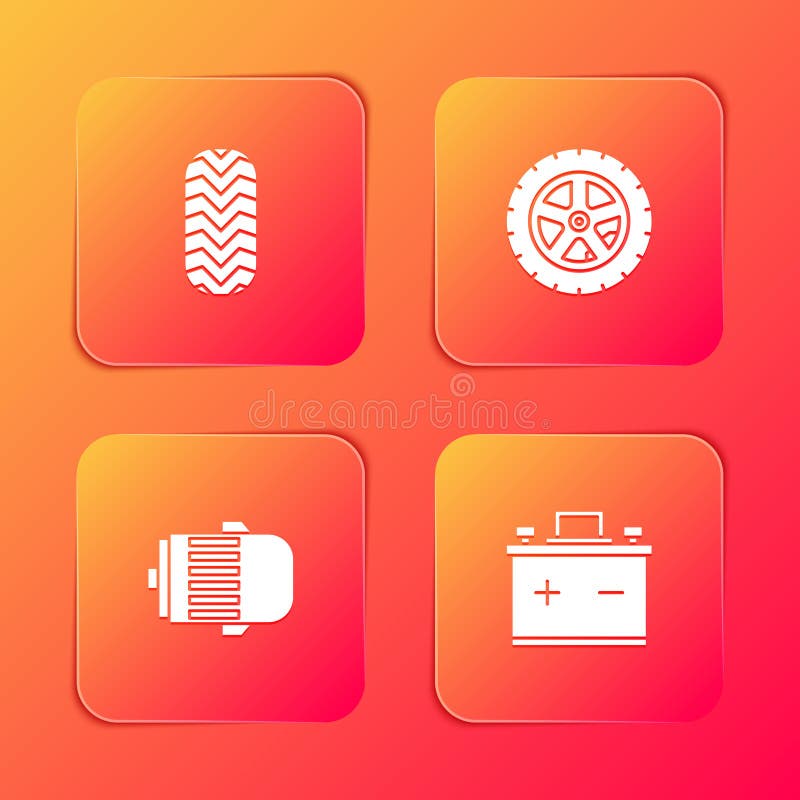 Set Car Tire, Wheel, Electric Engine and Battery Icon. Vector Stock ...