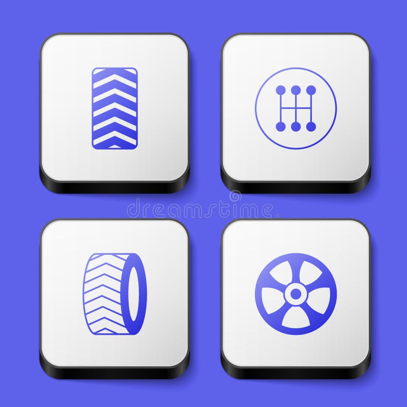 Set Car Tire Wheel, Gear Shifter, and Alloy for Car Icon. White Square ...