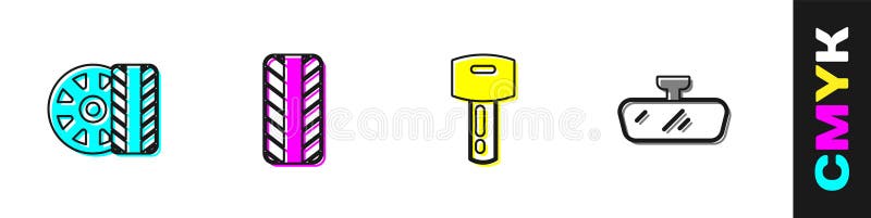 Set Car Tire Wheel, Key with Remote and Mirror Icon. Vector Stock ...
