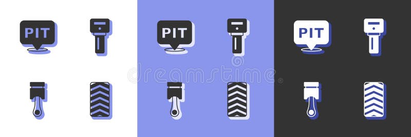 Set Car Tire Wheel, Pit Stop, Engine Piston and Key with Remote Icon ...