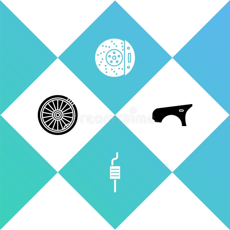 Set Car Wheel, Muffler, Brake Disk with Caliper and Fender Icon. Vector ...