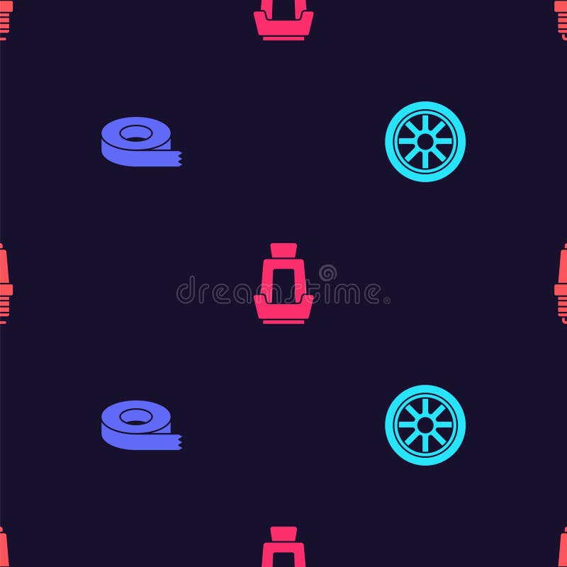 Set Car Wheel, Scotch Tape, Seat and Spark Plug on Seamless Pattern ...