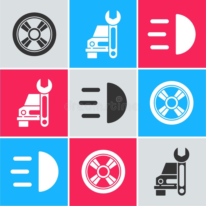 Set Car Wheel, Car Service and High Beam Icon. Vector Stock Vector ...