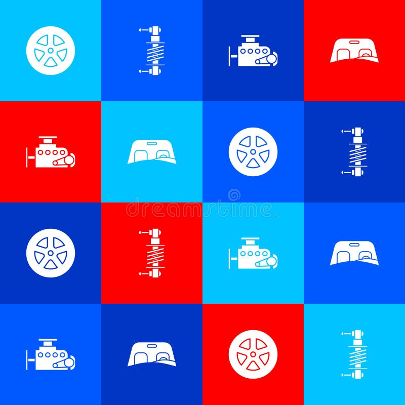 Set Car Wheel, Shock Absorber, Engine and Windscreen Icon. Vector Stock ...