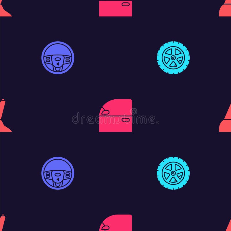 Set Car Wheel, Steering, Door and Handbrake on Seamless Pattern. Vector ...
