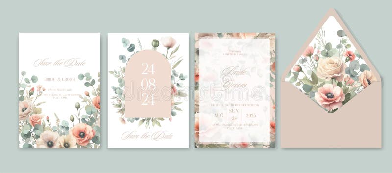 Set of Card with Flower Rose, Leaves. Vector Decorative Greeting Card ...