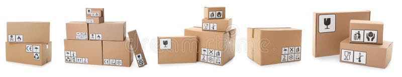 Set of Cardboard Boxes with Packaging Symbols on Background. Banner ...