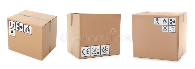 Set of Cardboard Boxes with Packaging Symbols on White Background ...