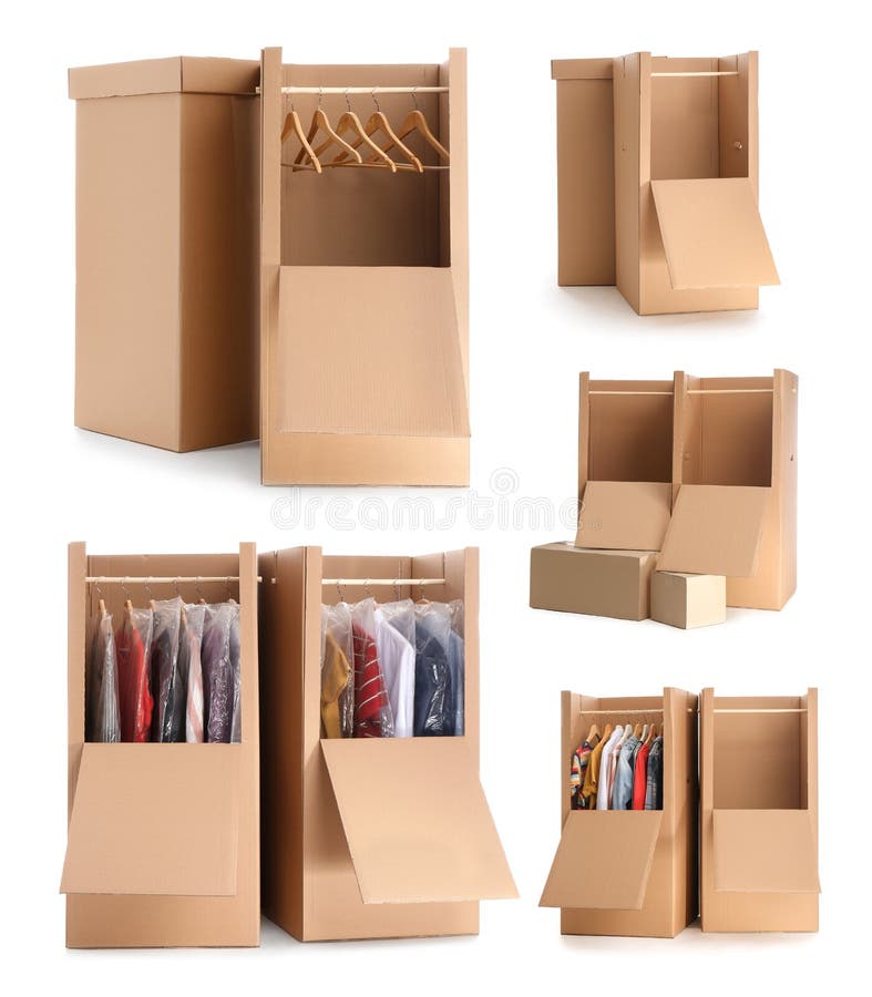 Cardboard Wardrobe Boxes with Clothes on Hangers in Bedroom. Stock ...