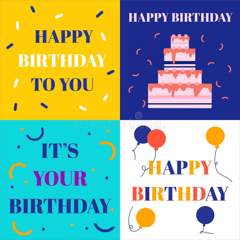 A Set of Cards Happy Birthday. Vector Illustration with Text Cake Balls ...