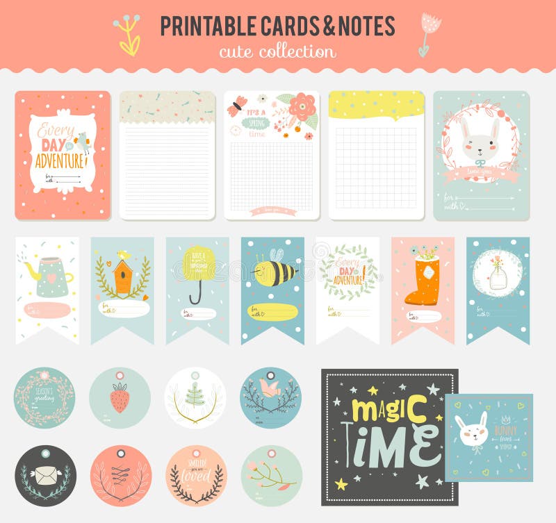 Set of Cards, Notes and Stickers with Cute Stock Vector - Illustration ...