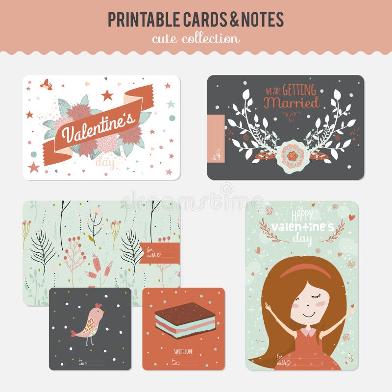 Set of Cards, Notes and Stickers with Cute Stock Vector - Illustration ...