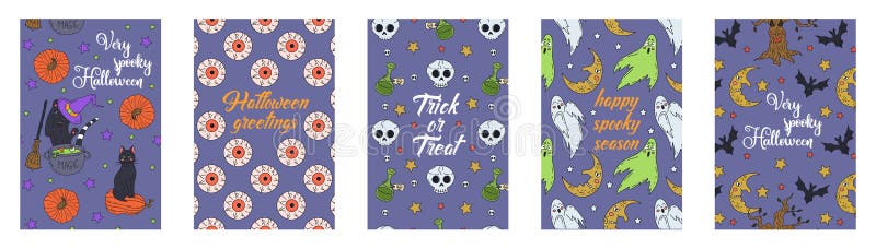 Set of Cards or Posters with Cute Hand Drawn Halloween Illustrations ...