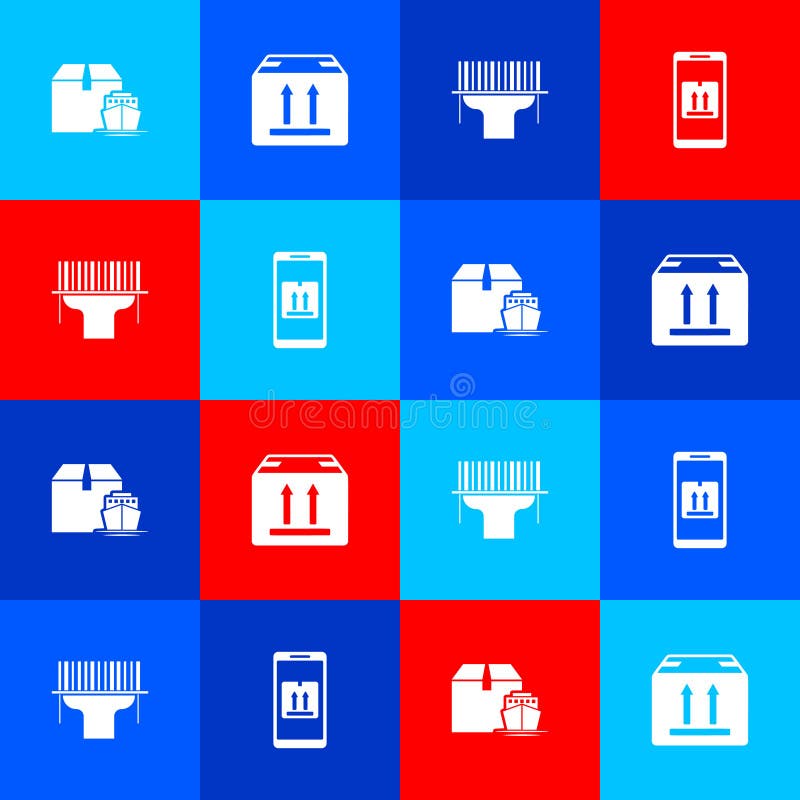 Set Cargo Ship with Boxes, Cardboard Traffic, Scanner Scanning Bar Code ...