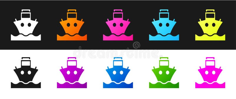 Set Cargo Ship Icon Isolated on Black and White Background. Vector ...