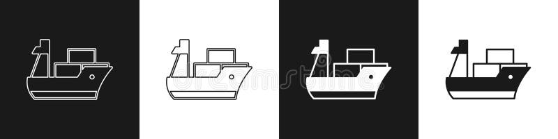 Set Cargo Ship Icon Isolated on Black and White Background. Vector ...