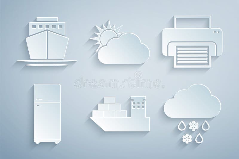 Set Cargo Ship, Printer, Refrigerator, Cloud with Snow and Rain, Sun ...