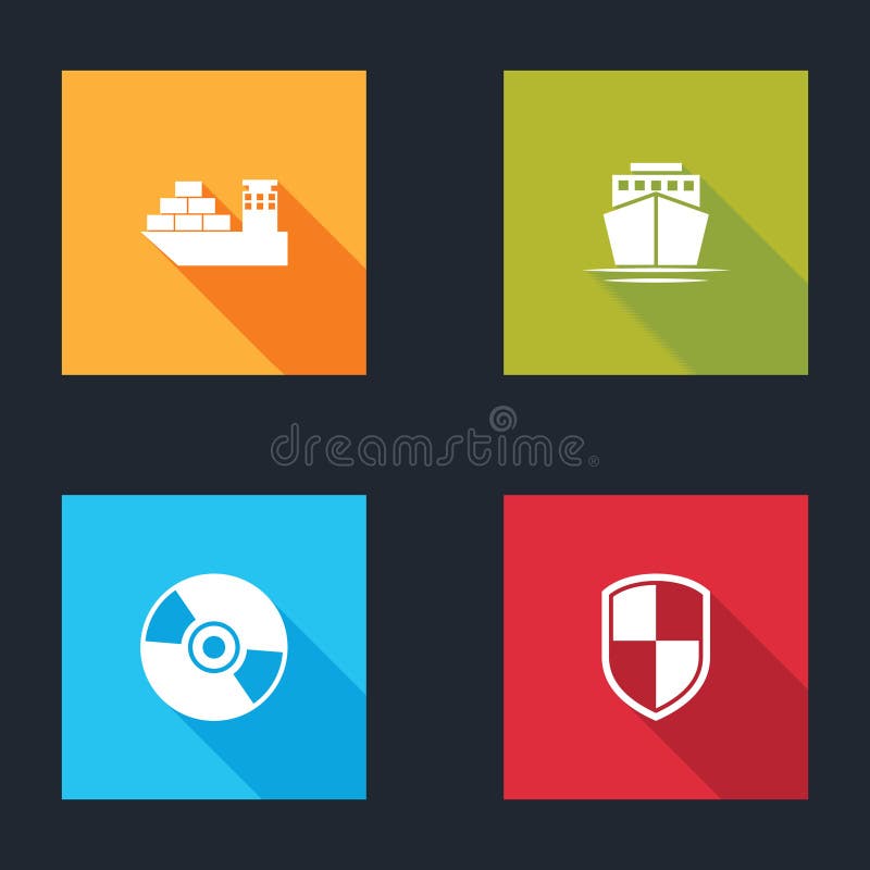 Set Cargo Ship, Ship, CD or DVD Disk and Shield Icon. Vector Stock ...