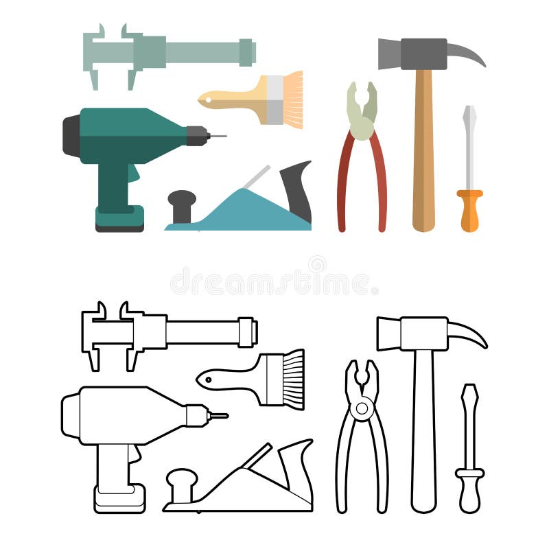 Set Carpentry Tools Coloring Book. Screwdriver and Drill Stock Vector ...