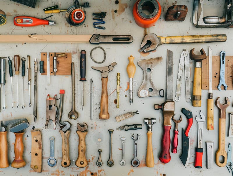 Set of Carpentry Tools on Pure Background Top View. Carpenter Working ...