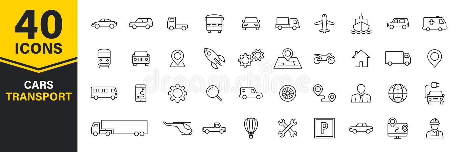 Set of 24 Transport Web Icons in Line Style. Train, Airplane, Car, Bus ... Set of 24 Transport Web Icons in Line Style. Train, Airplane, Car, Bus ...