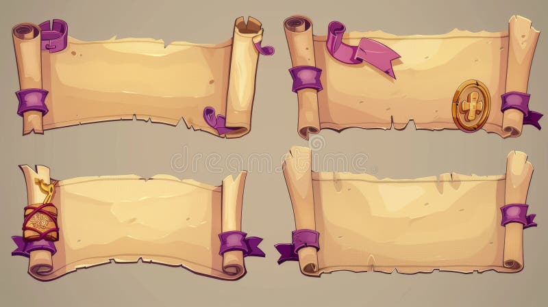 Set of Cartoon Ancient Parchment Scrolls Isolated on a Black Background ...