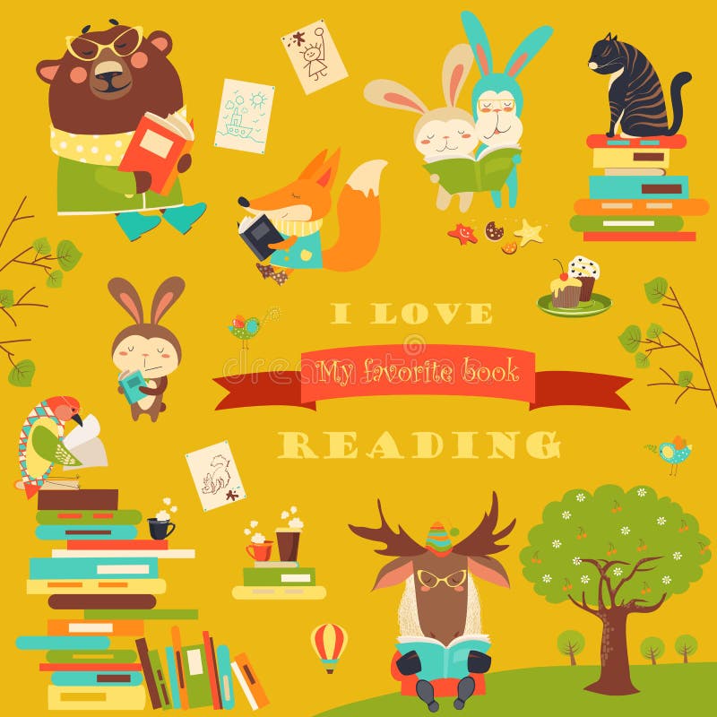 Set of Cartoon Animals Reading Books Stock Vector - Illustration of ...