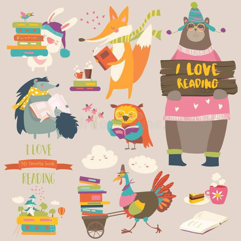 Set of Cartoon Animals Reading Books Stock Vector - Illustration of ...